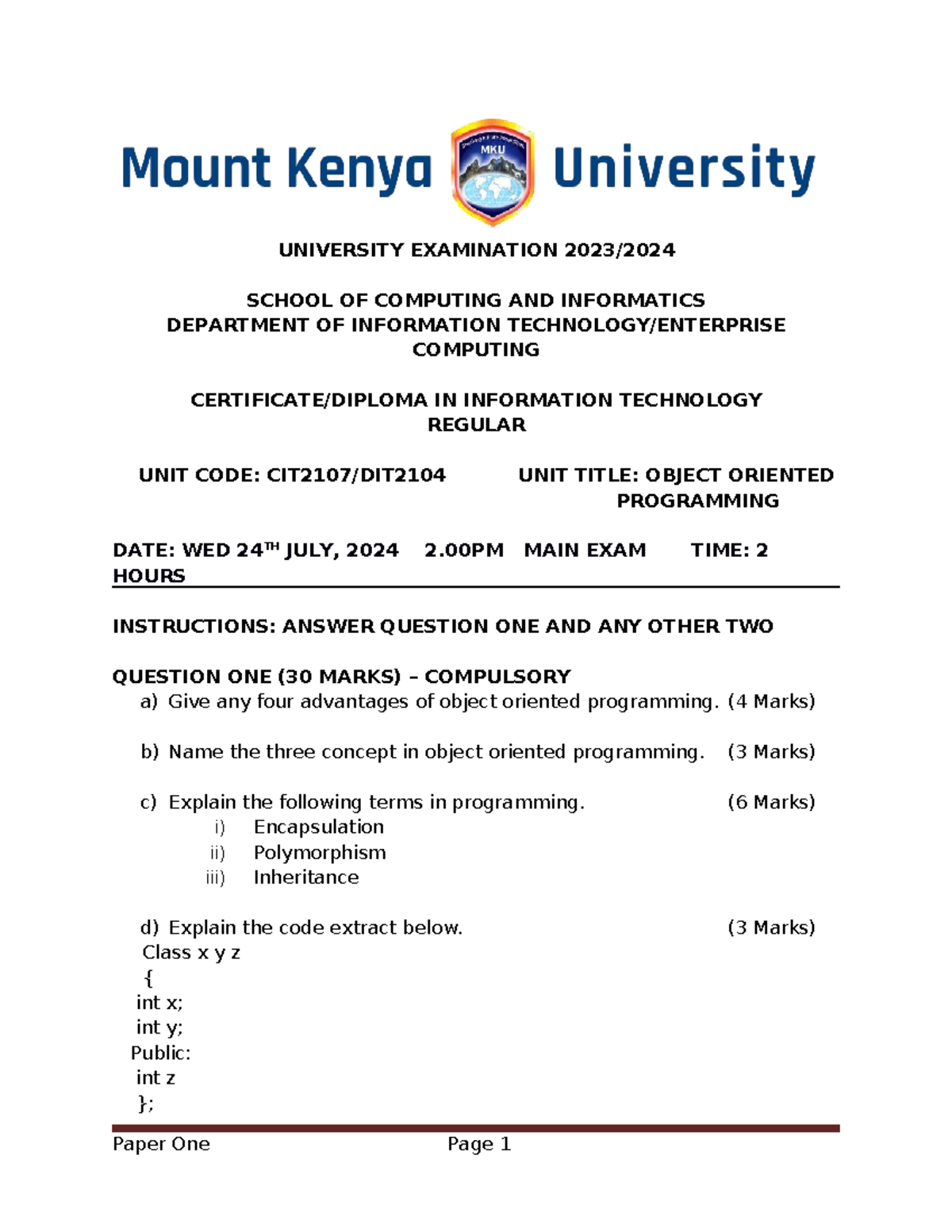 OOP Final Exam - Information Technology (IT 101) - July 24, 2024 - Studocu