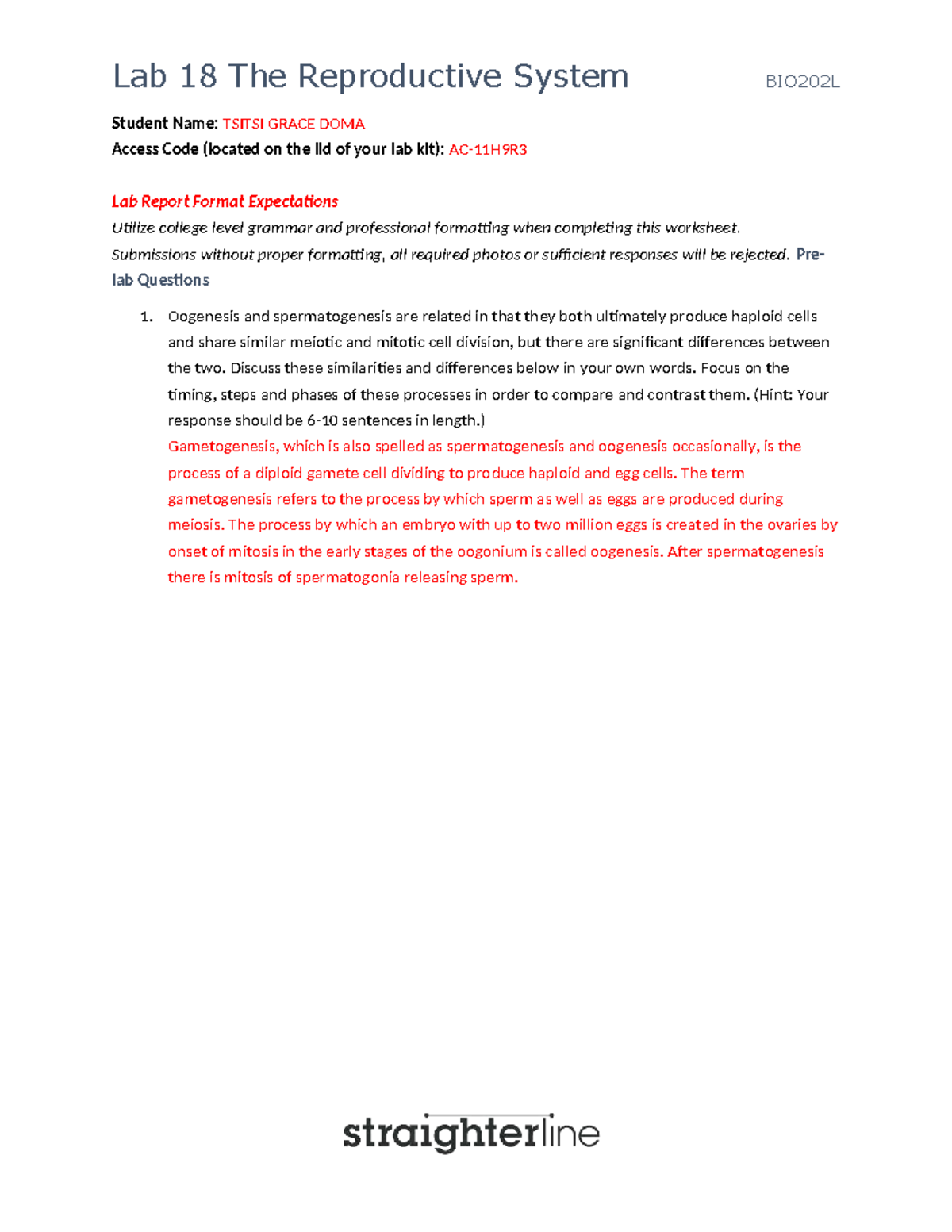 BIO202L Lab 18 report on the reproductive system and gametogenesis ...