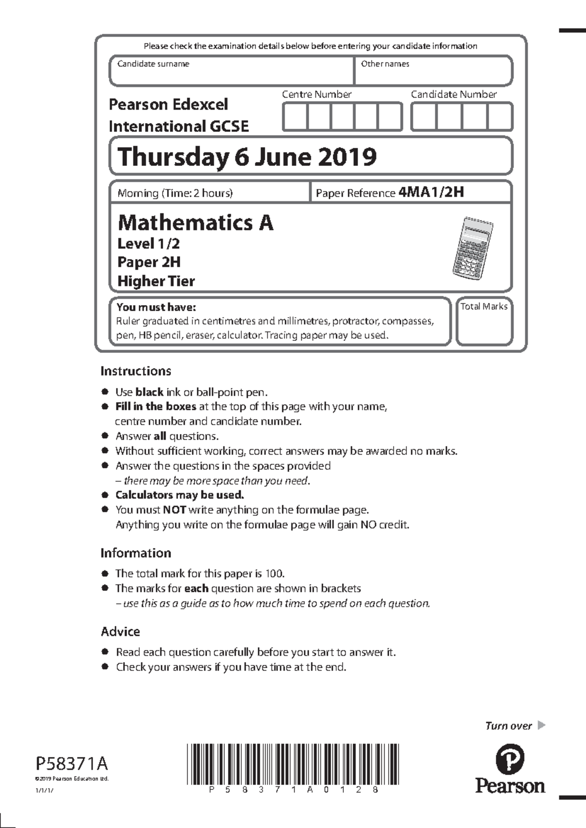June 2019 International GCSE Mathematics Paper 2 Higher Tier 4MA1/2H ...
