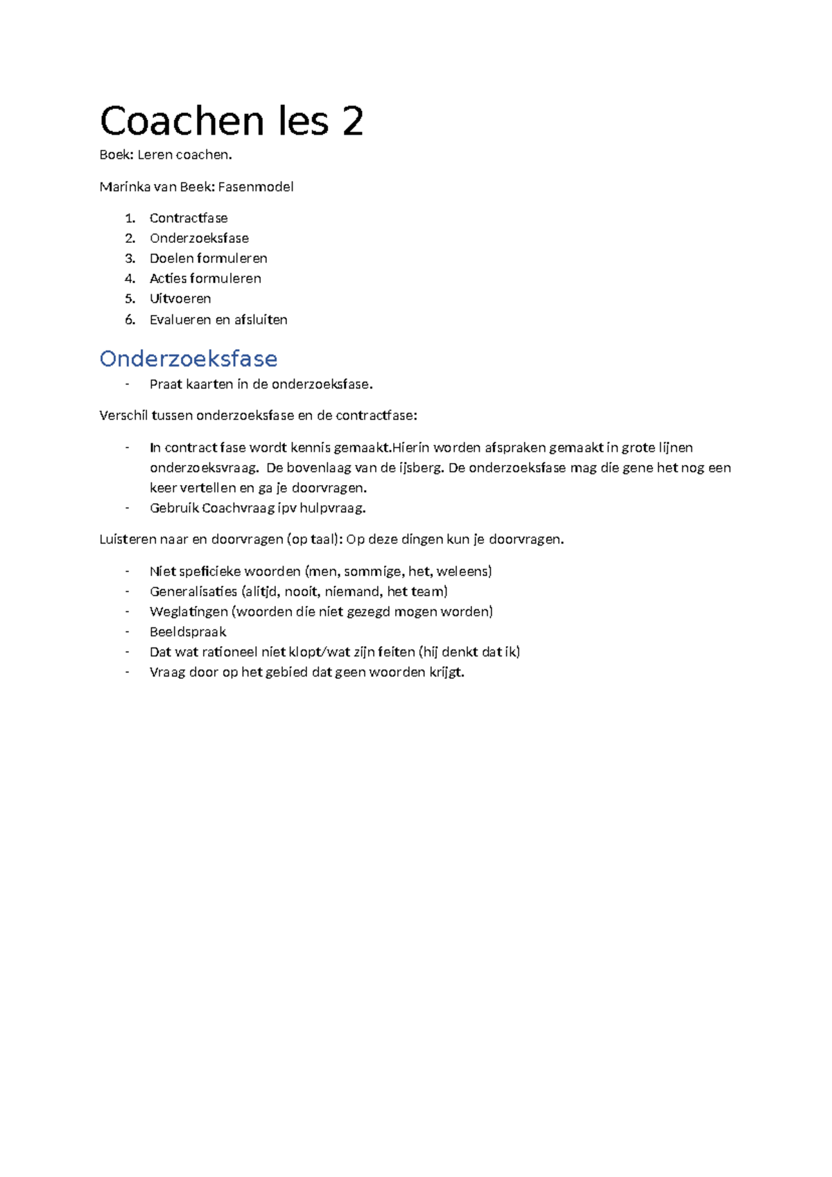 Leren Coachen: Fasenmodel en Onderzoeksfase - Coachen les 2 - Studeersnel
