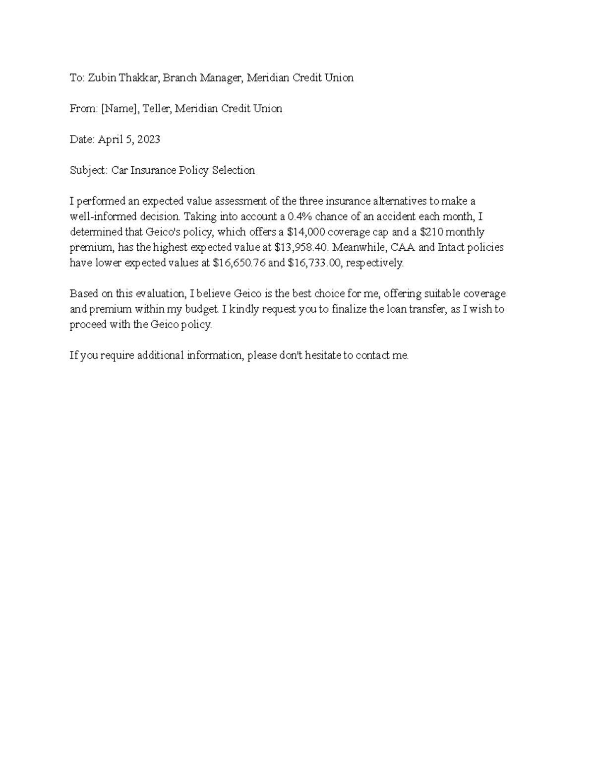 BUS221 - Memo 4: Car Insurance Policy Evaluation and Recommendation ...