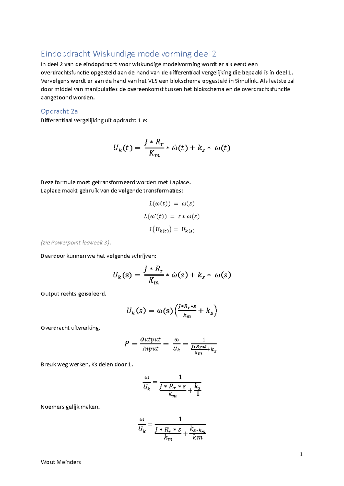Eindopdracht Wiskundige Modelvorming 2: Overdrachtsfunctie en ...