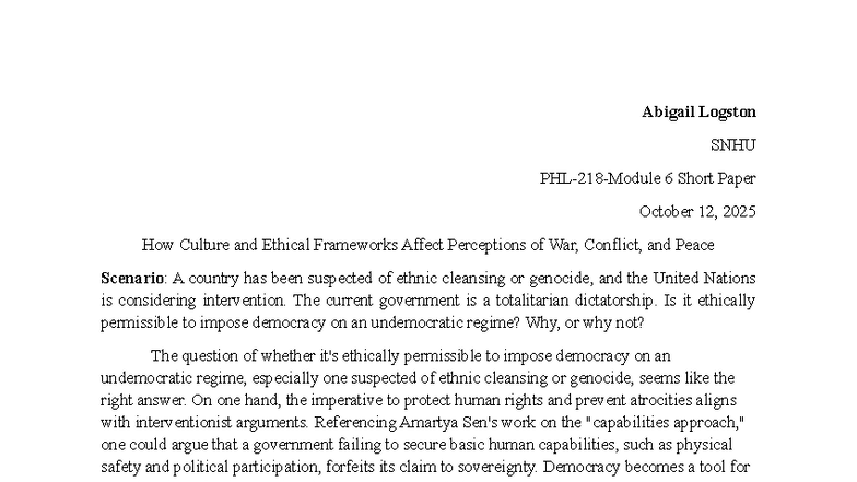 PHL-218 Module 6 Short Paper: Culture, Ethics, and War Perspectives ...