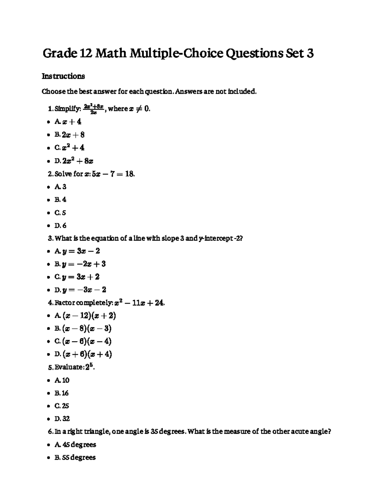 Grade 12 Math Set 3 - Practice Questions and Answers - Studocu