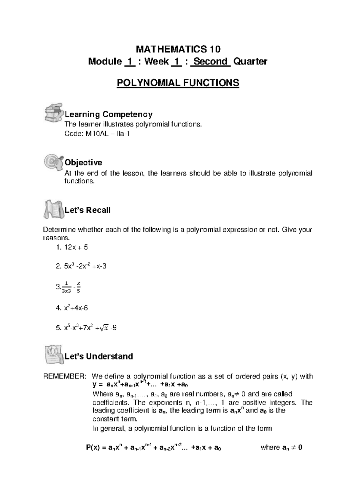 MATH 10 2nd QUARTER MODULE 1 WEEK 1: POLYNOMIAL FUNCTIONS - Studocu