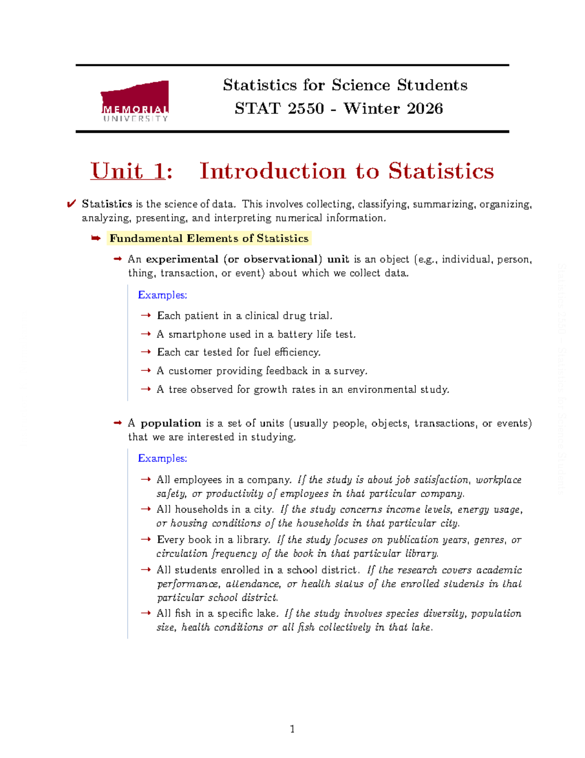 Statistics for Science Students STAT 2550 Winter 2026 Unit 1: Intro to ...