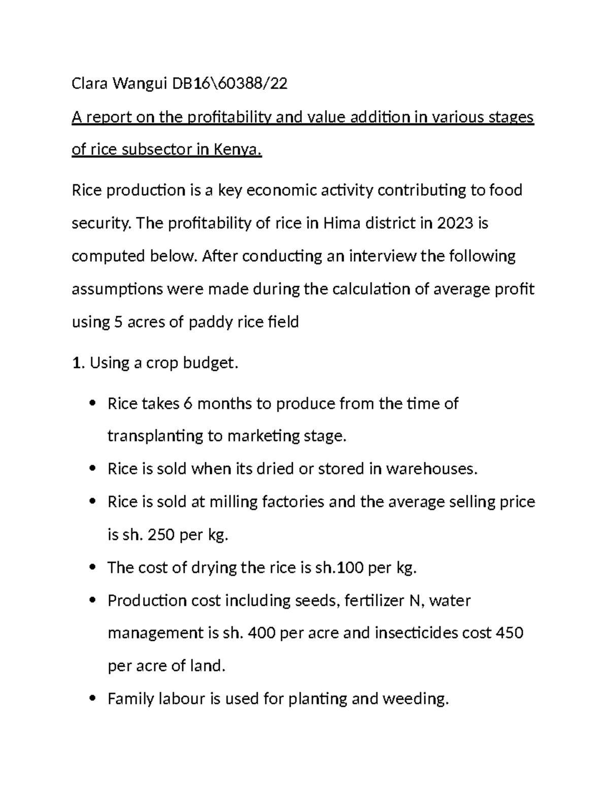 A report on the profitability and value addition in various stages of ...
