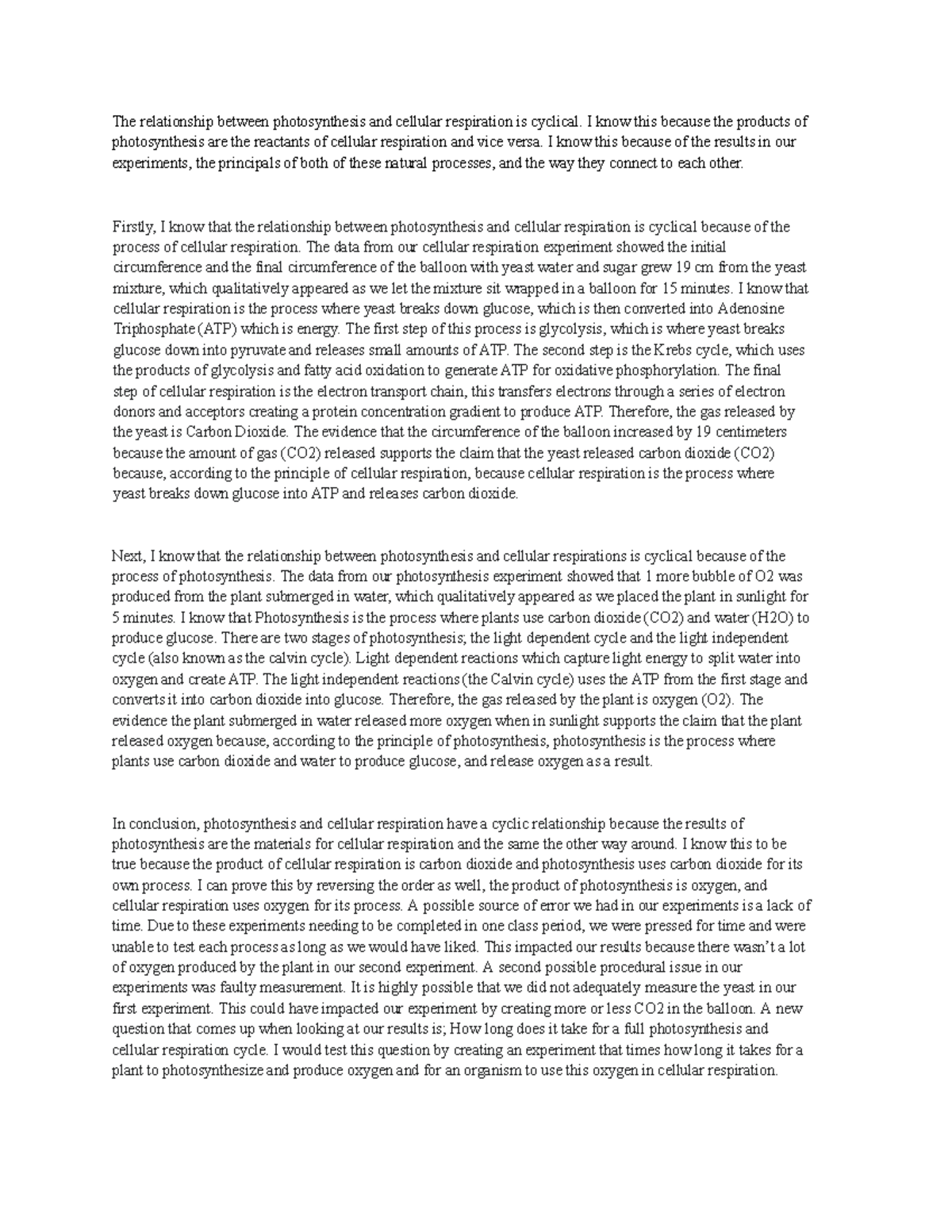 The Cyclical Relationship of Photosynthesis & Cellular Respiration: CER ...