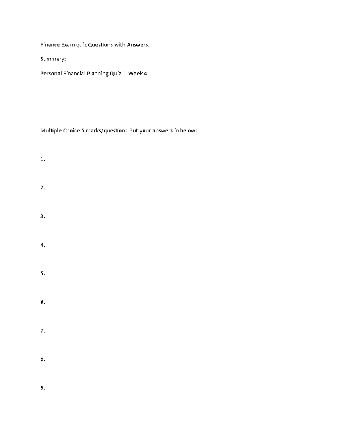 FINC 101: Personal Financial Planning Quiz 1 - Questions & Answers ...