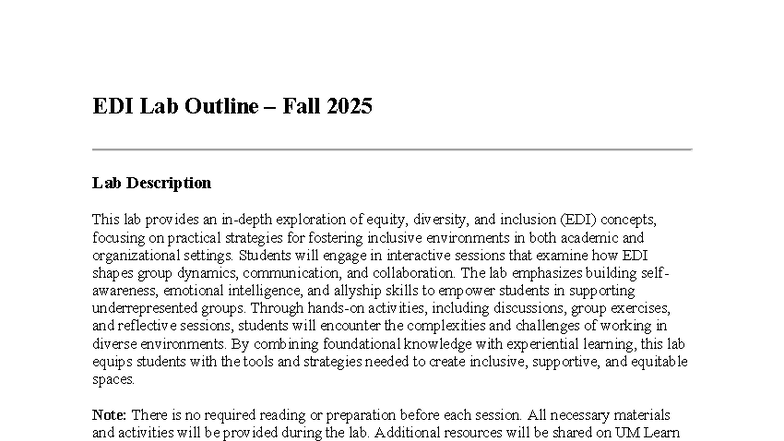 EDI Lab Outline GMGT 2070: Fostering Inclusion & Equity Skills - Studocu