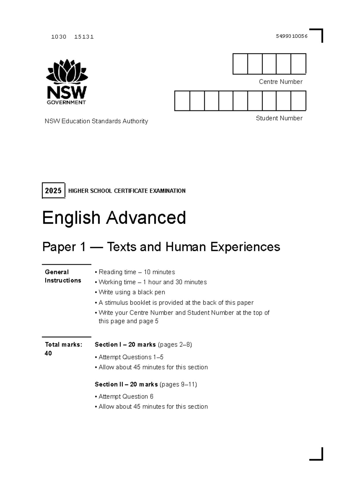 2025 English Advanced HSC Exam Paper 1: Texts & Human Experiences - Studocu