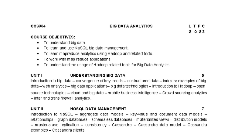 CCS334 Big Data Analytics Course Overview and Objectives - Studocu