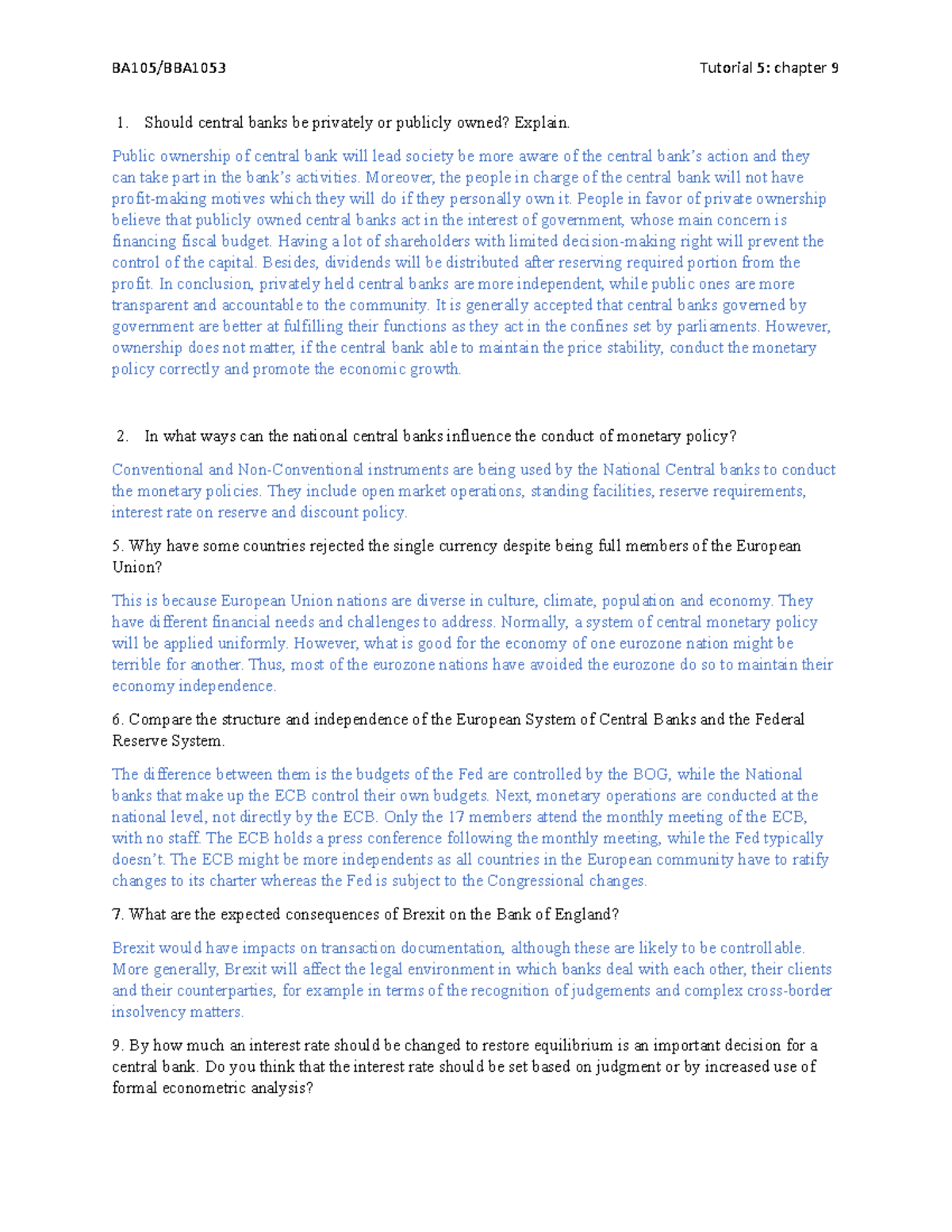 Tutorial 6 - ch 9 - simple answer and easier to understand - BA105 ...