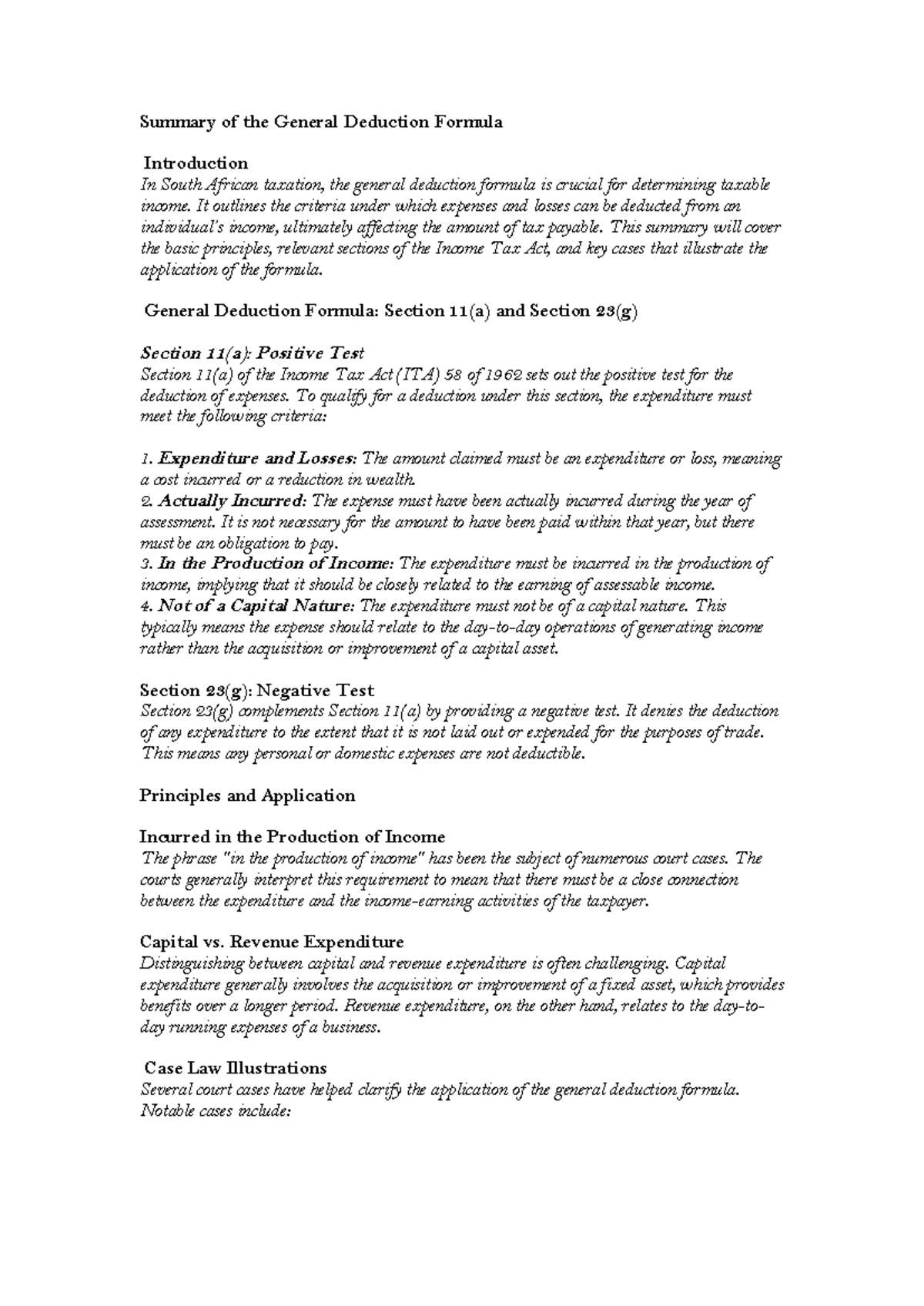 Summary of the General Deduction Formula: Key Principles and Tests ...