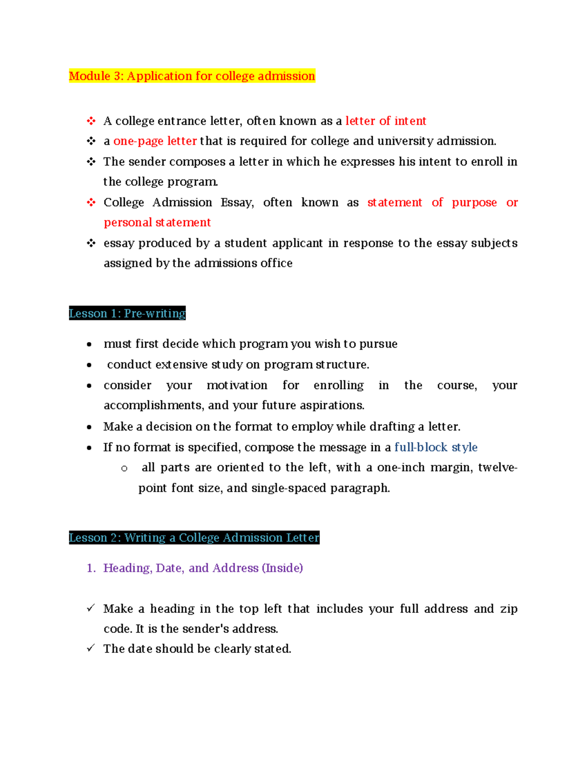 College Admission Letter & Essay Guidance (Module 3) - Studocu