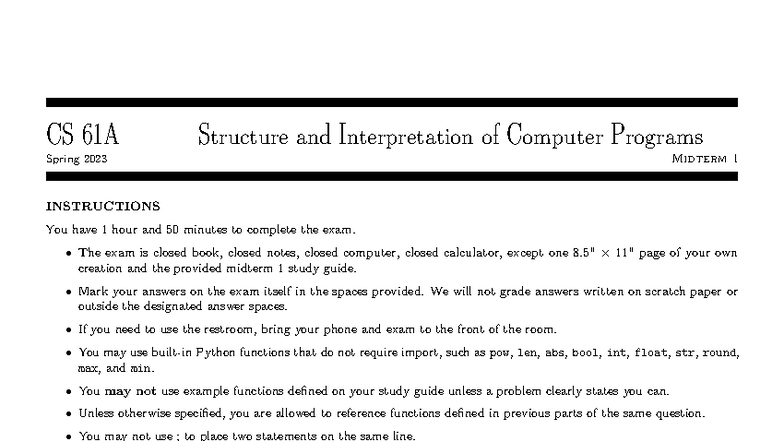 CS 61A Structure and Interpretation of Computer Programs Spring 2023 Midterm 1 - Studocu