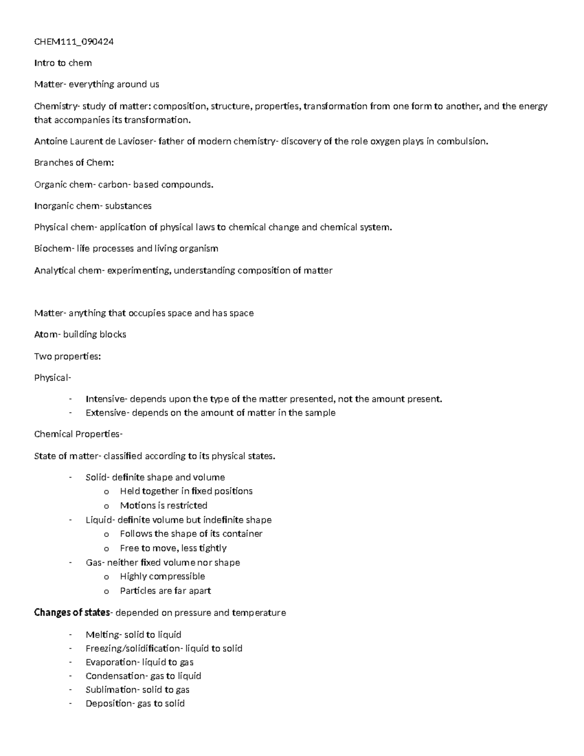 CHEM111-Midterm Study Guide: Introduction to Chemistry Concepts - Studocu