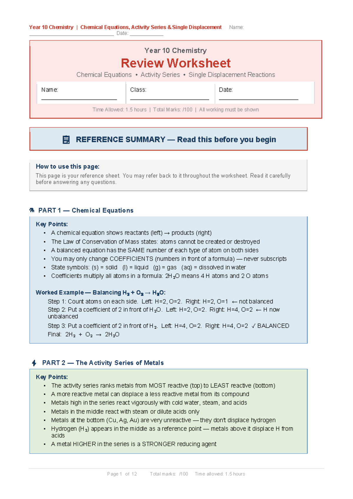 Year 10 Chemistry Review Worksheet: Chemical Equations & Displacement ...