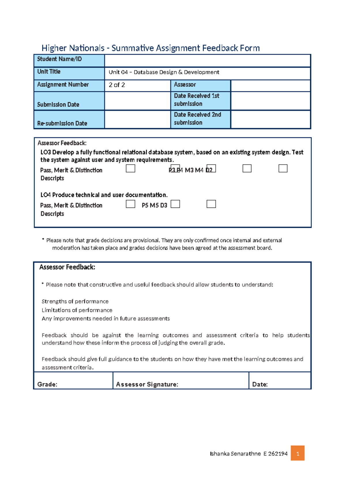 BTEC HND Unit 04: Database Design Development Assignment Feedback - Studocu