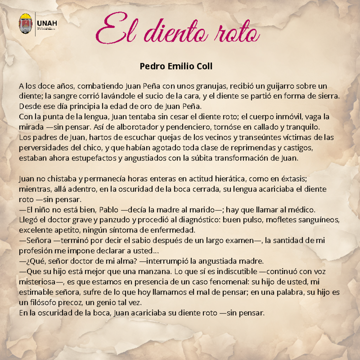 Análisis de la Narrativa en "El diente roto" de Pedro Emilio Coll - Studocu