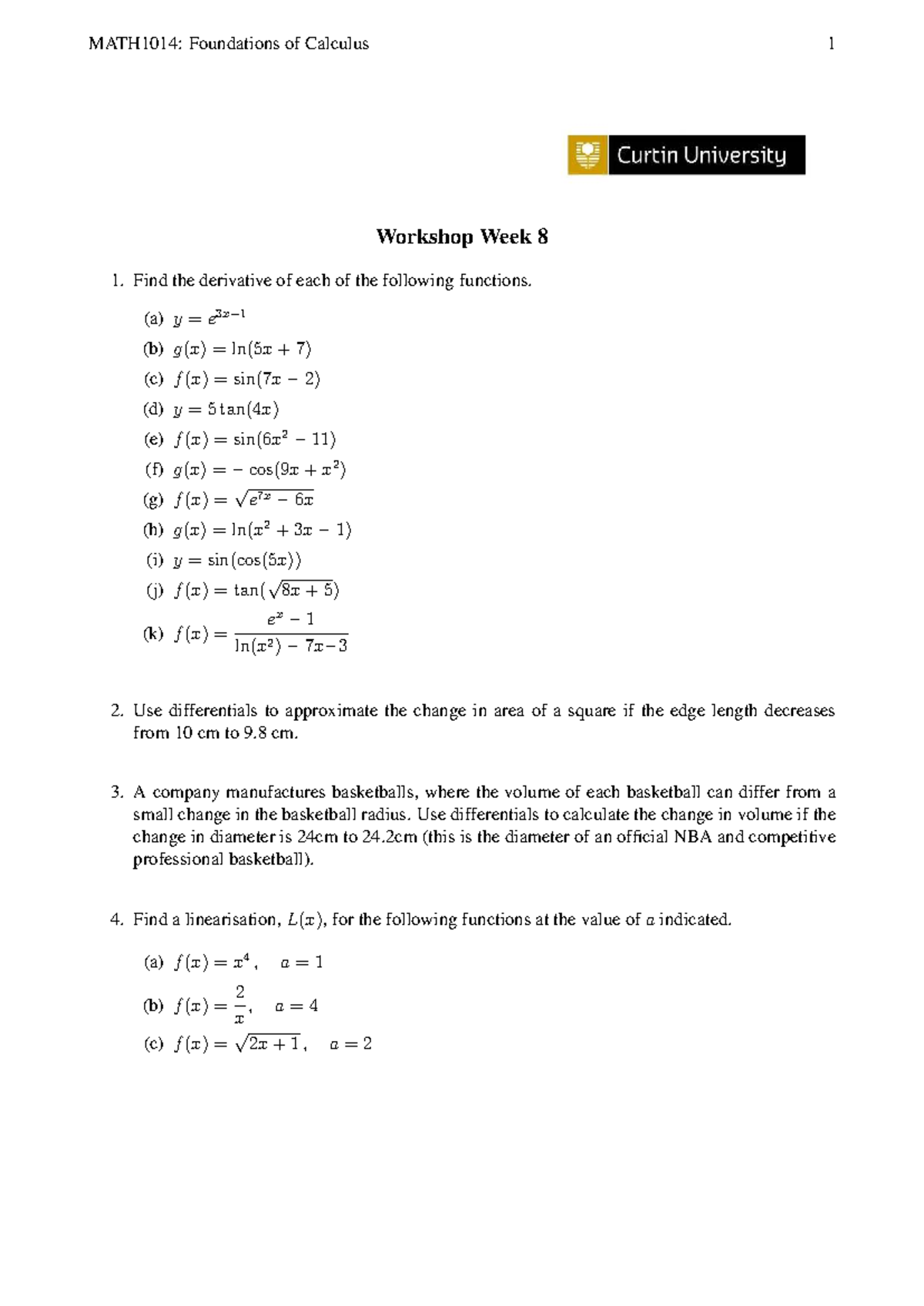 MATH1014: Calculus 1 Workshop Week 8 - Derivatives & Differentials ...