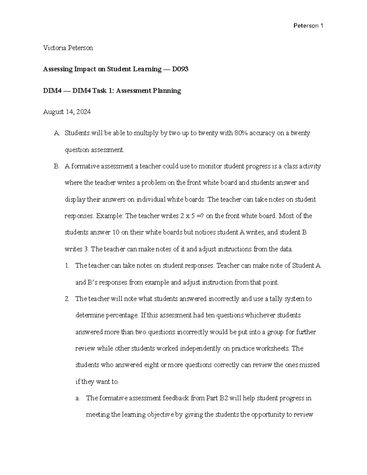 D093 DIM4 Task 1: Assessment Planning and Feedback Strategy - Studocu