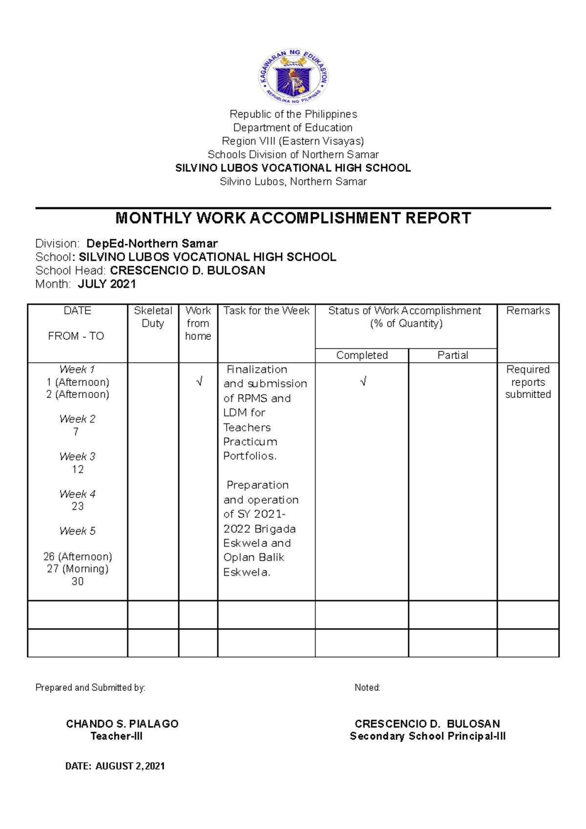 IWAR - Monthly Work Accomplishment Report (July 2021 - Jan 2022) - Studocu