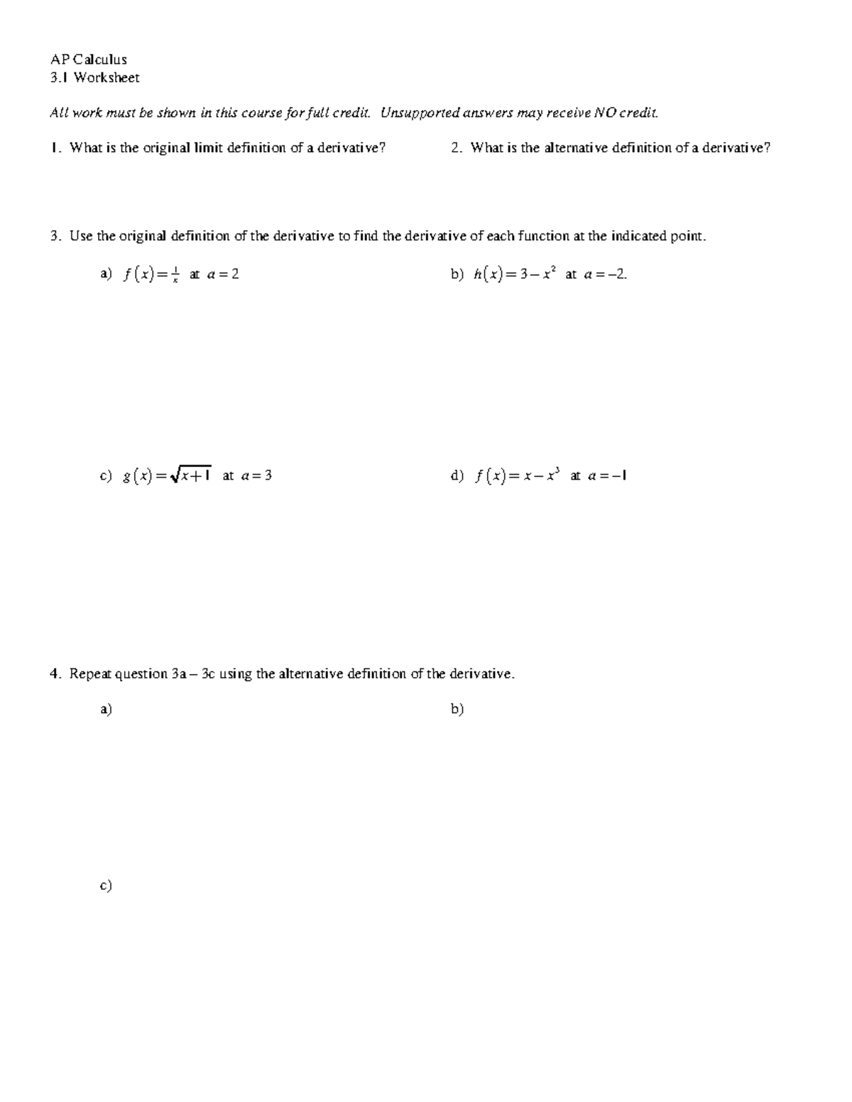 Calc - Chapter 3.1-3.5 Review - AP Calculus 3 Worksheet All work must ...