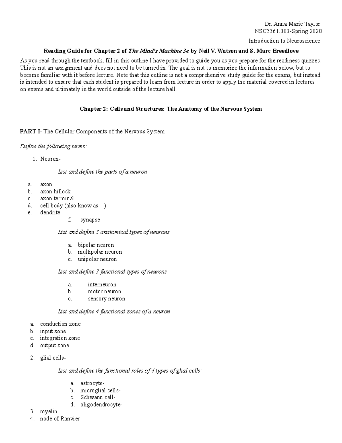NSC3361.003 Chapter 2 Reading Guide: Cells & Structures in Neuroscience ...