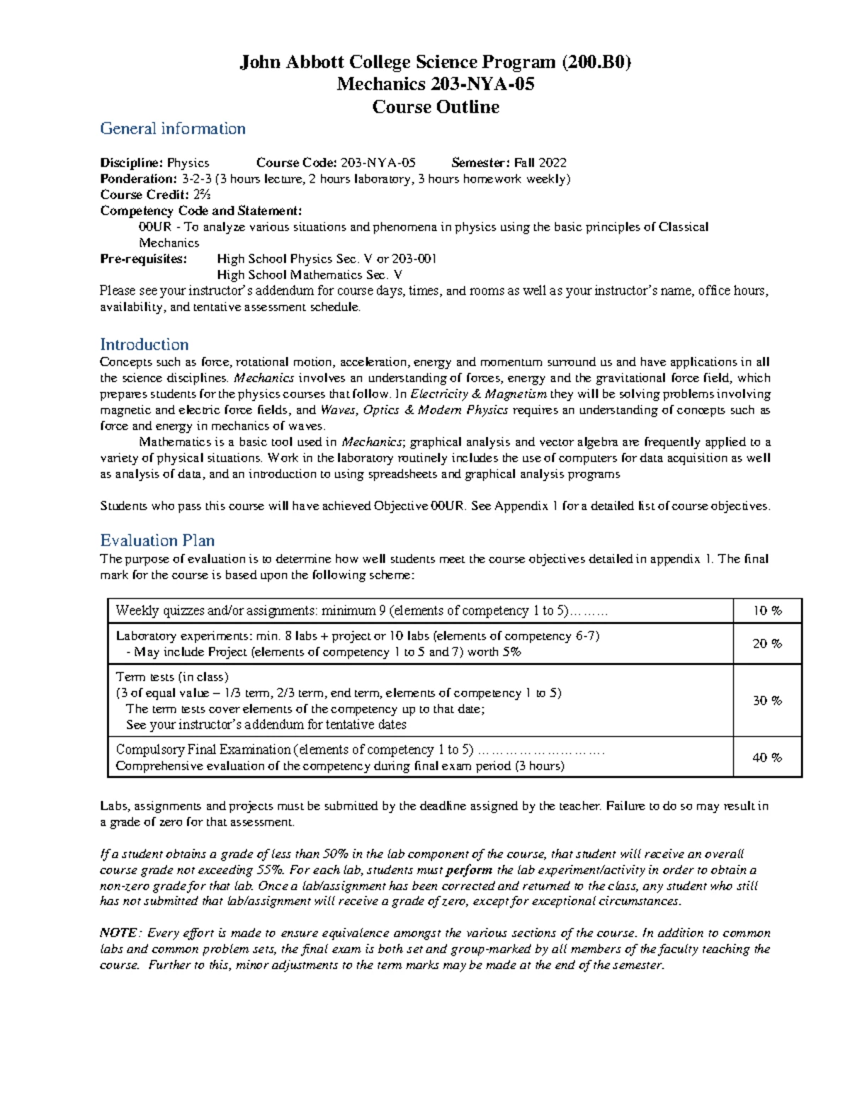 Physics NYA Course Outline F21 - JOHN ABBOTT COLLEGE Science Program ...