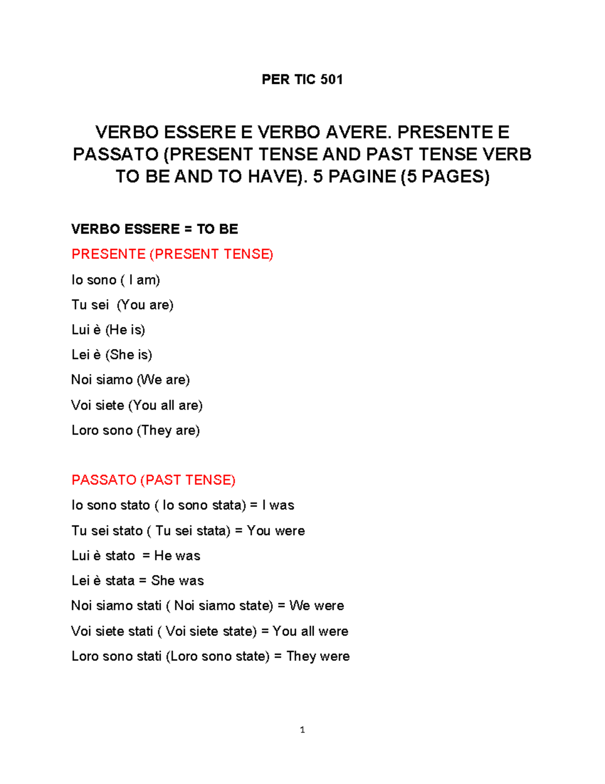 PER TIC 501: Essere e Avere - Presente e Passato Verb Tenses - Studocu