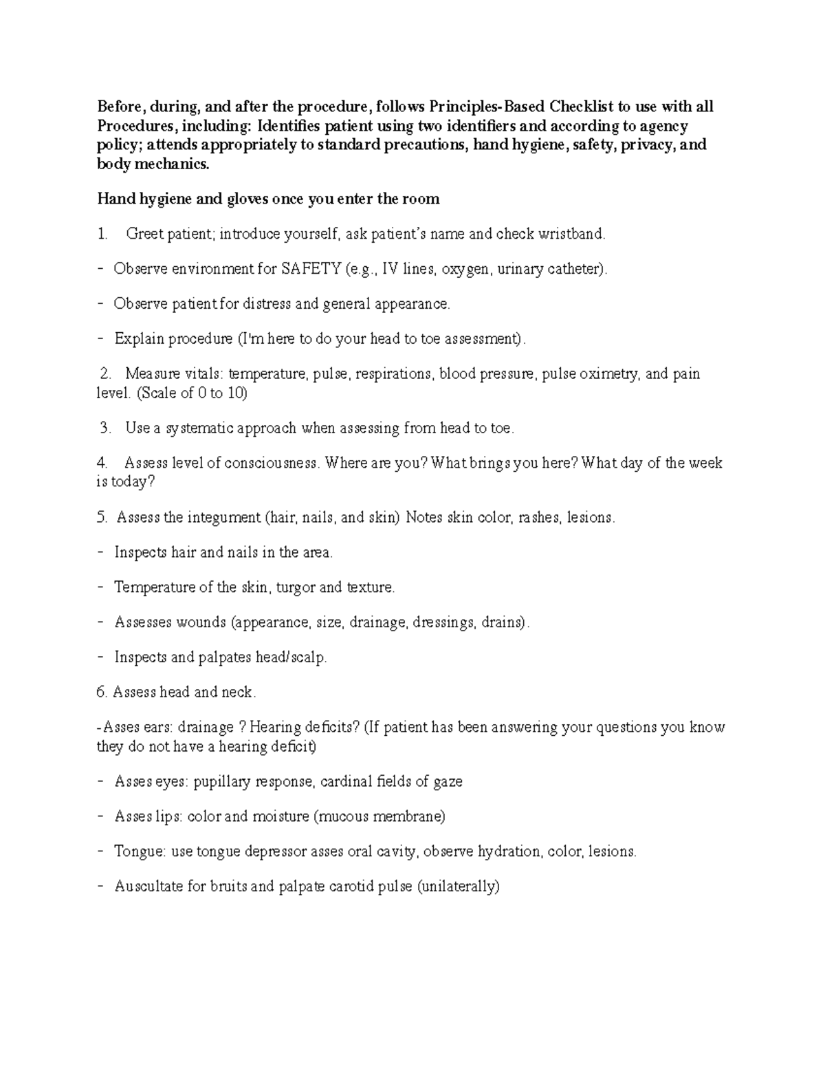 Head to Toe Assessment Checklist for Clinical Procedures - Studocu