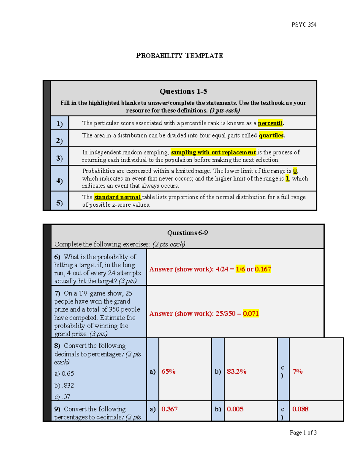 PSYC 354 - Probability Template for Exam Preparation and Exercises ...