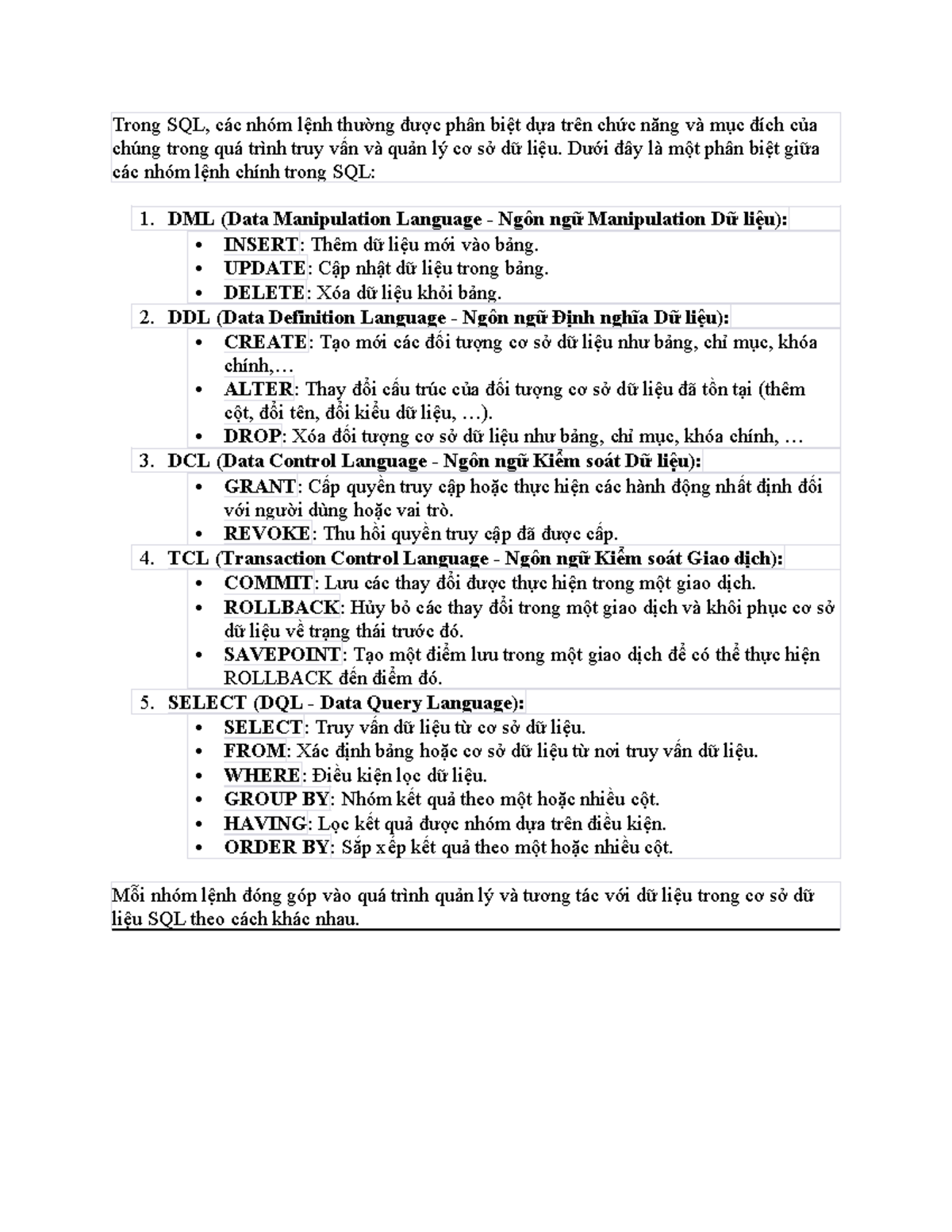 Bai 6 Phân biệt các nhóm lệnh trong SQL - Trong SQL, các nhóm lệnh ...