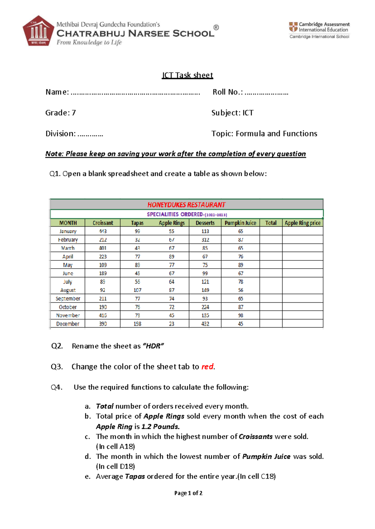 Grade 7-Excel WS-1 - Page 1 of 2 ICT Task sheet Name: - Studocu