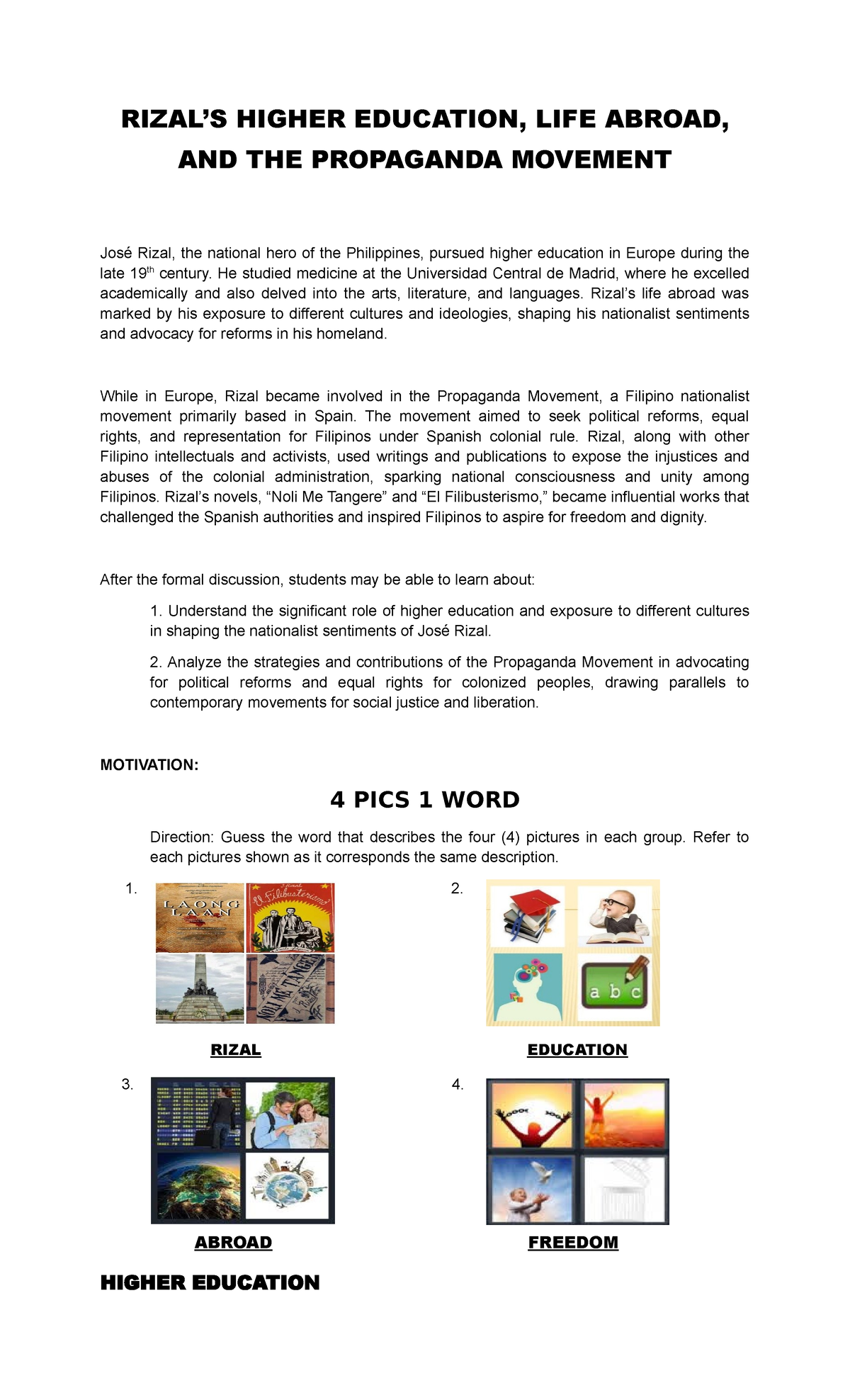 Rizal's Higher Education & Propaganda Movement Insights (RIZAL) - Studocu