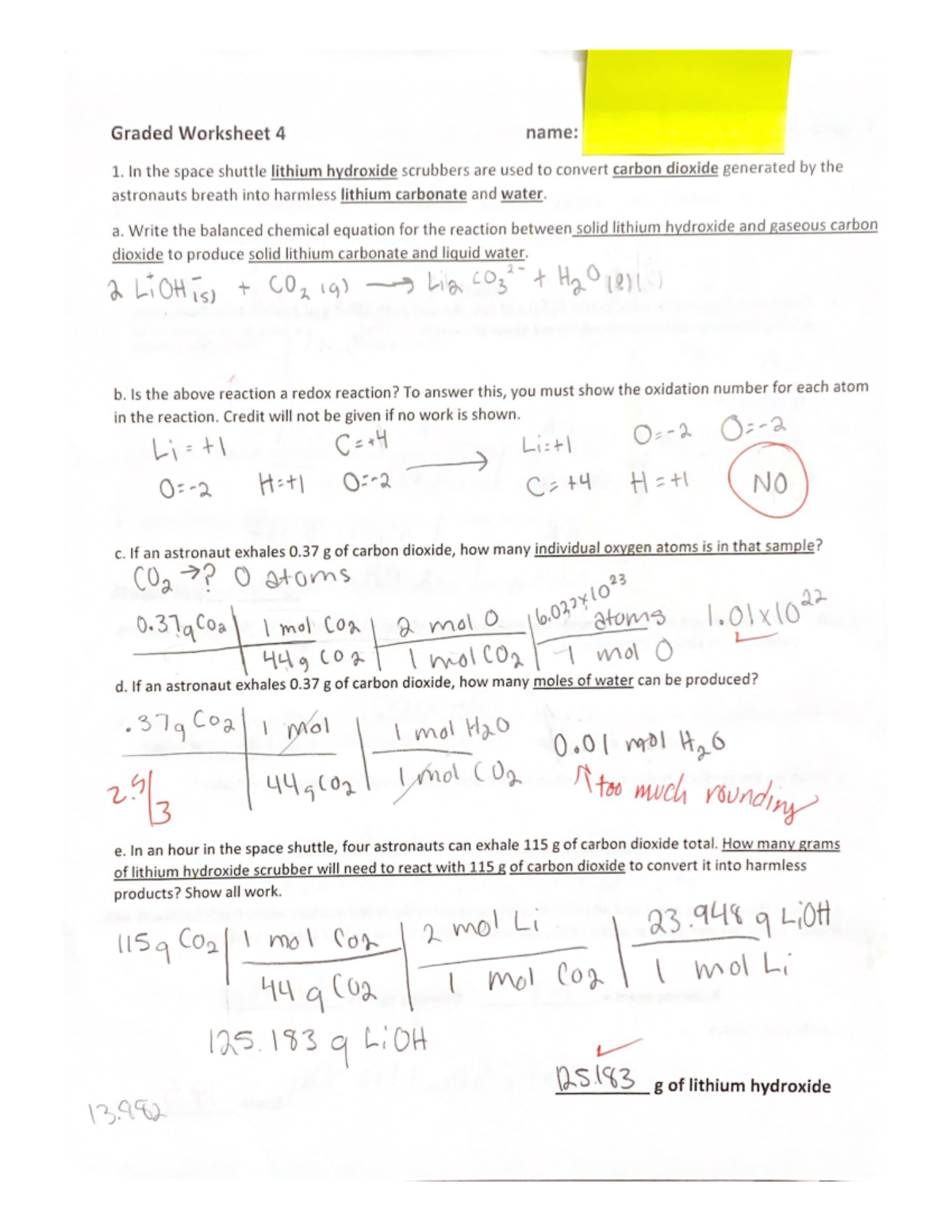 Chem161 - Graded Worksheet 4: Reactions and Stoichiometry Analysis ...
