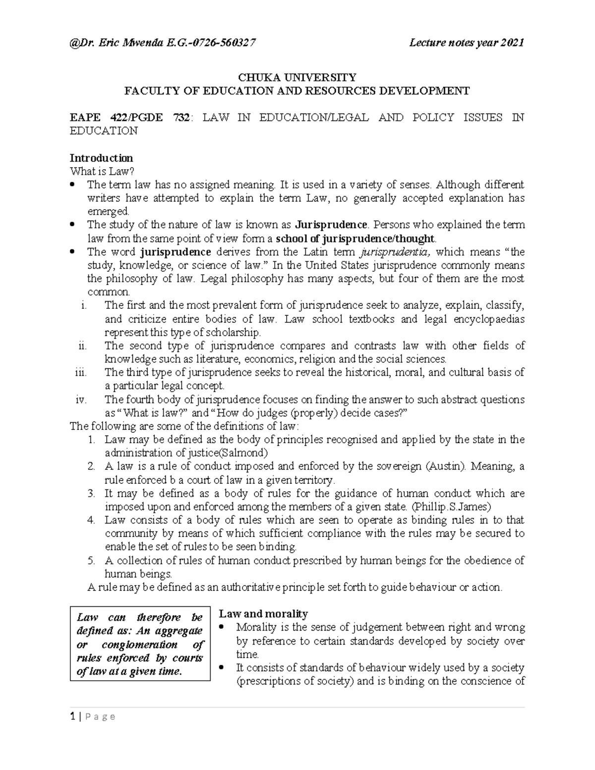 EAPE 732: Law in Education Lecture Notes by Eric Mwenda (2021) - Studocu
