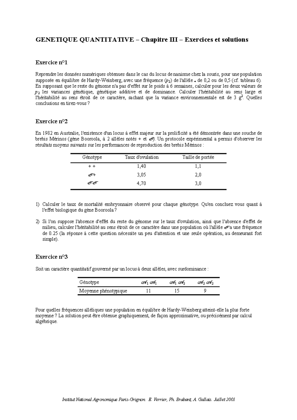 GENETIQUE QUANTITATIVE GQ3: Exercices et Solutions sur Locus de Nanisme ...