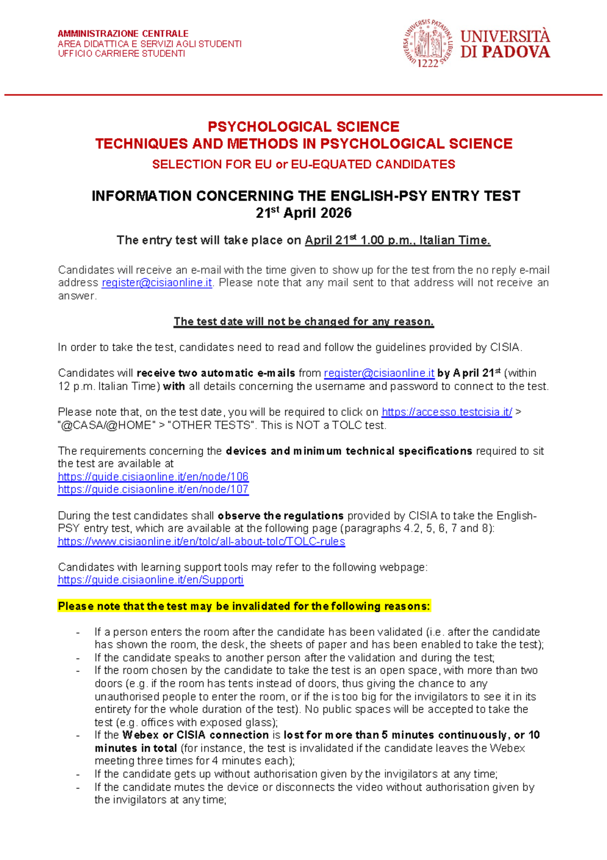Test Entry Guidelines for Psychological Science Candidates - 21 Apr ...