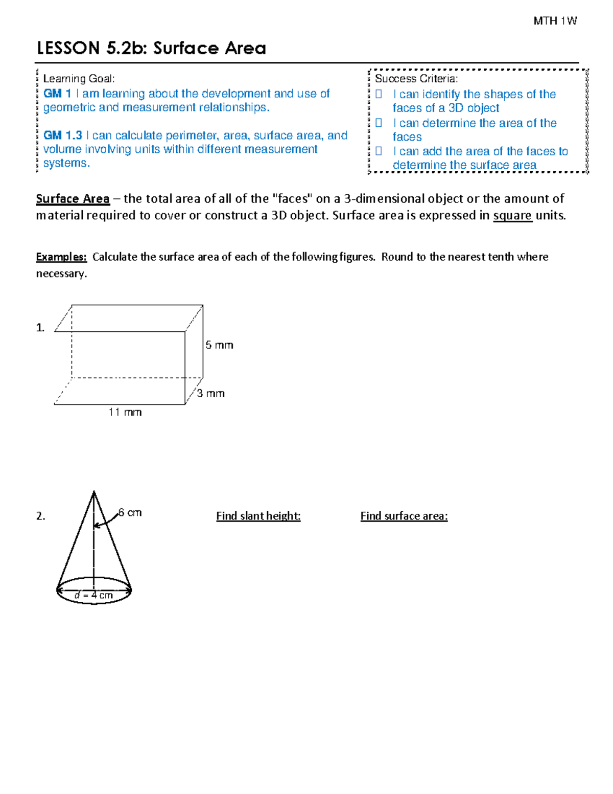 5.3b - Surface Area Concepts - MATH GRADE 9 MTH 1W 2022-2023 - Studocu