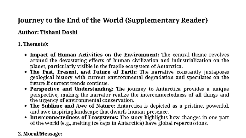 Journey to the End of the World - Class 12 English Essay Notes - Studocu