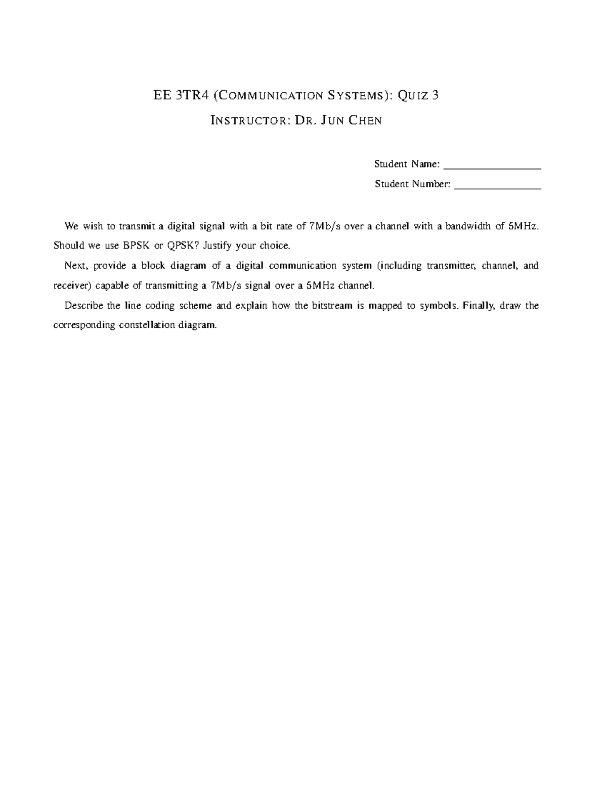 EE 3TR4: Quiz 3 on Digital Communication Systems and Fourier Transforms ...