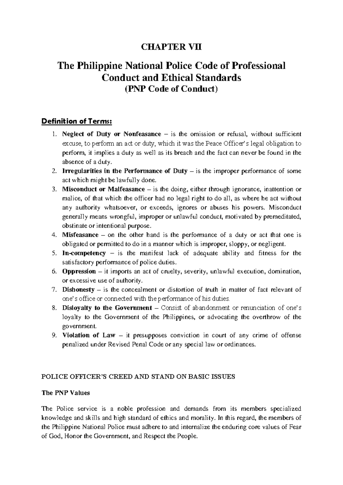 Chapter VII - PNP Code of Conduct and Ethical Standards Study Notes ...