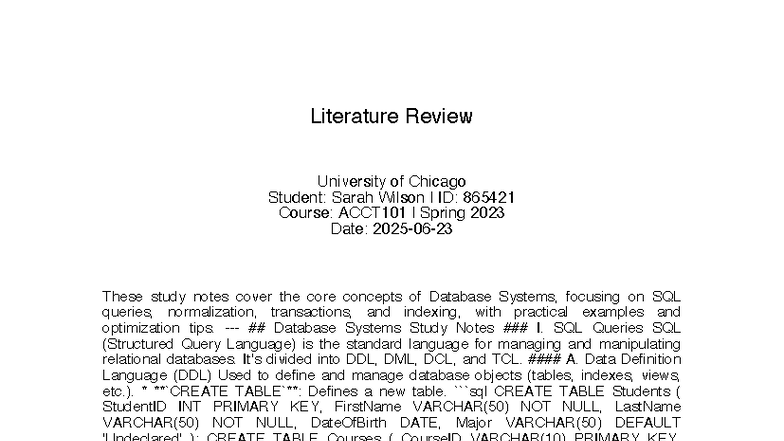 ACCT101 Spring 2023: Database Systems Study Notes on SQL - Studocu