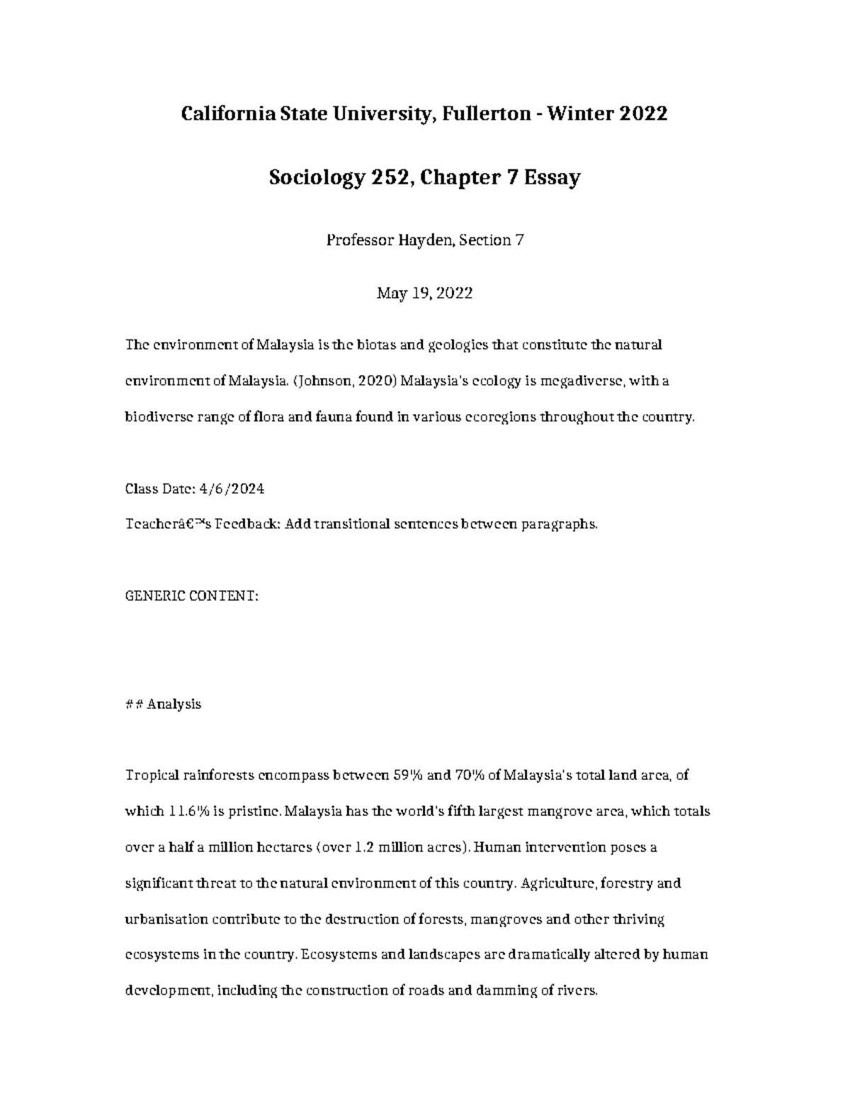 Sociology 252: Chapter 7 Essay on Malaysia's Environment - Studocu