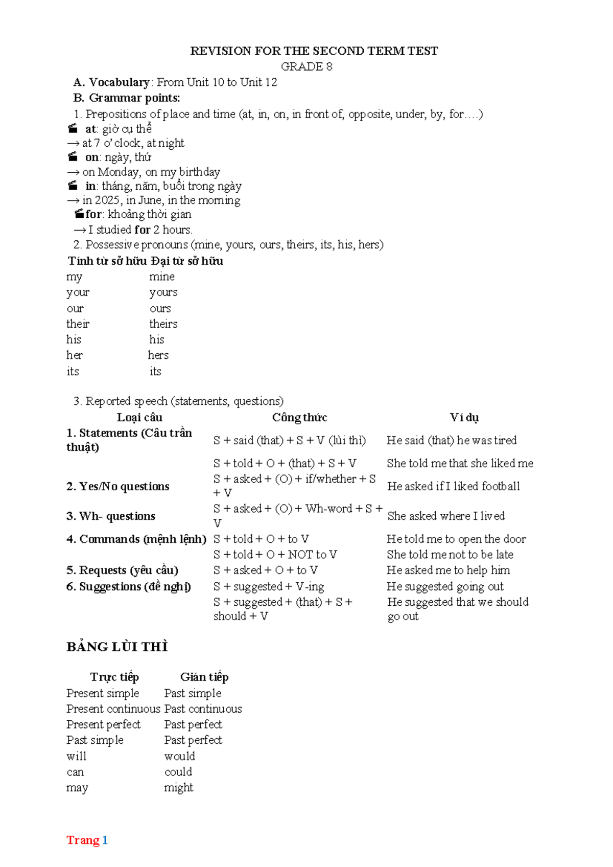 REVISION GUIDE FOR GRADE 8 ENGLISH HK2: Vocabulary & Grammar - Studocu