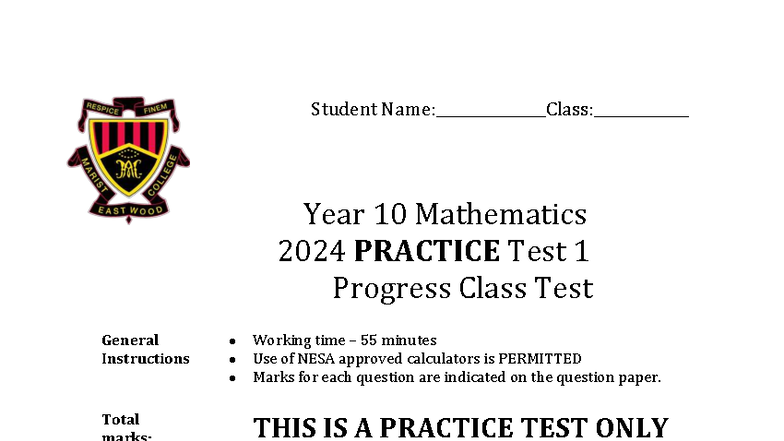 Year 10 Math 2024: Practice Test 1 - Algebra & Quadratics - Studocu