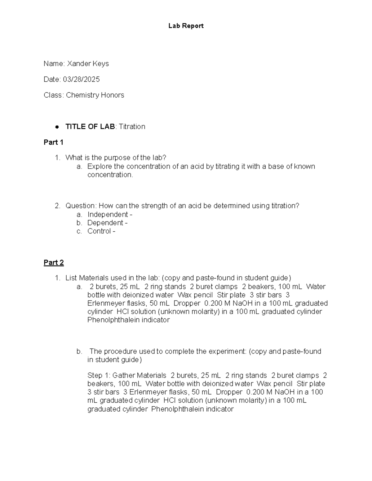 Chemistry Honors Lab Report: Titration Experiment Analysis - Studocu