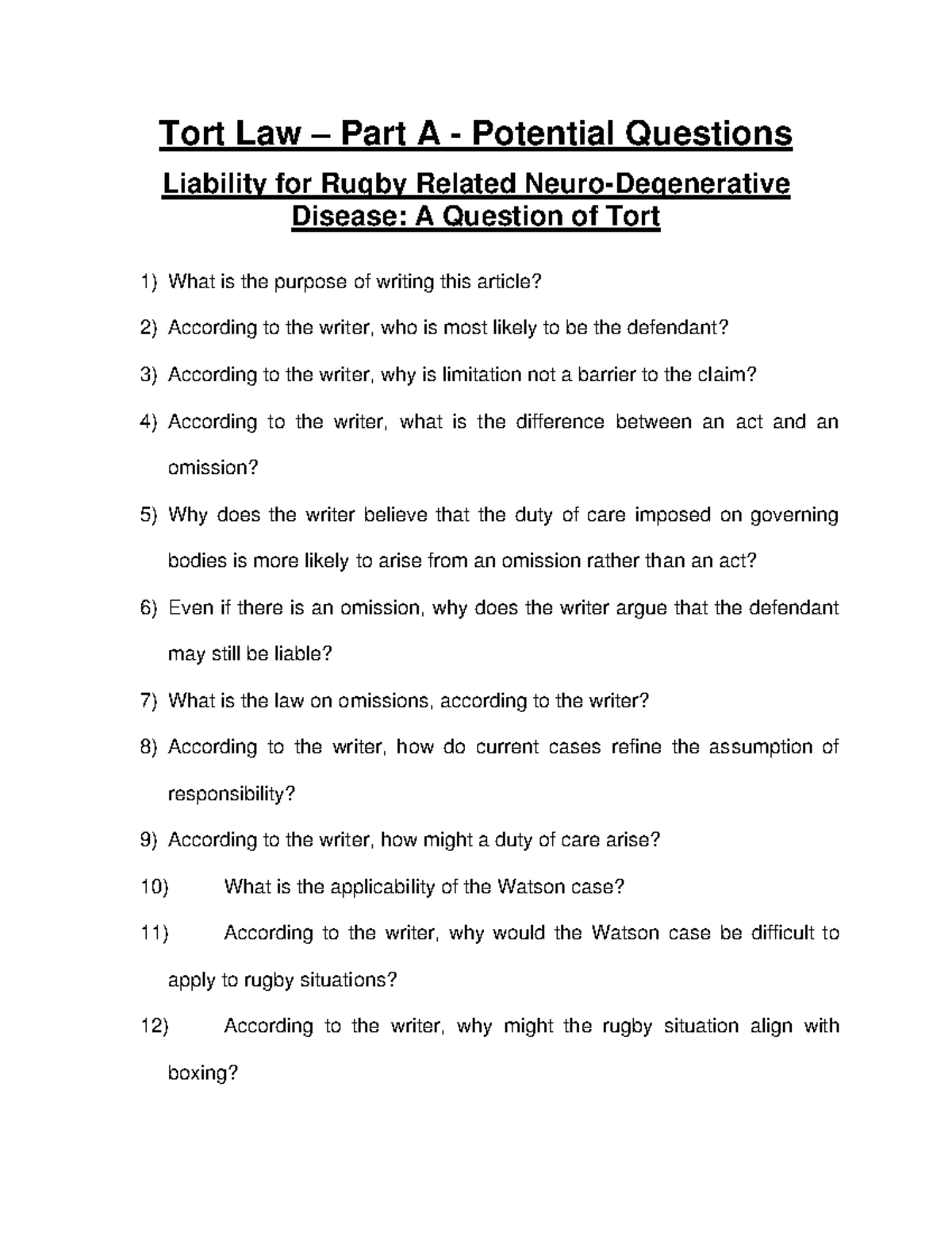 Tort Law - Part A Potential Question - Tort Law – Part A - Potential ...